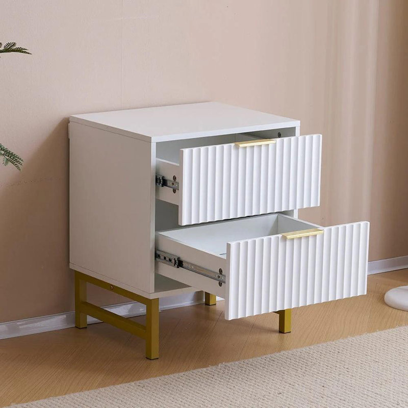 Fairmont Park Modern White Bedside Table with 2 Drawers and Gold Metal Legs Elegant Storage ...